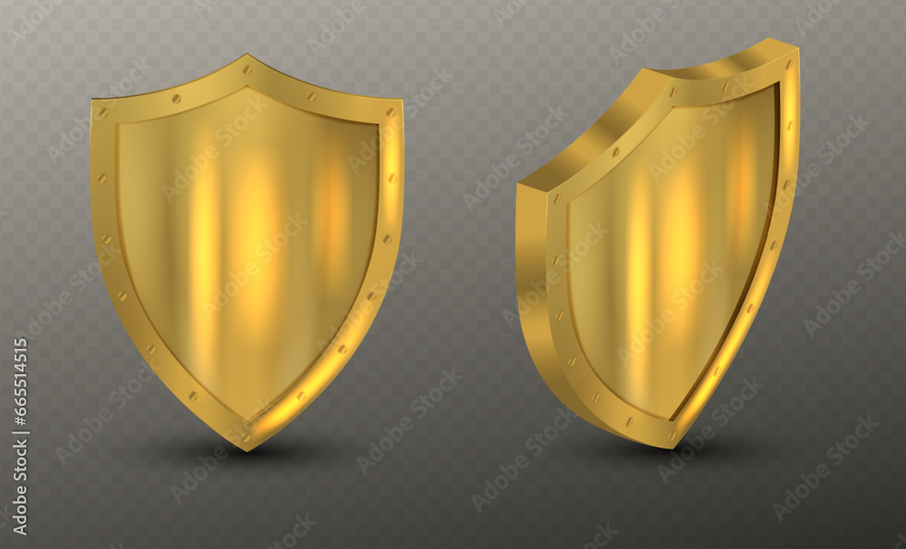 Shields with reflection in shiny gold frames set. Realistic isolated ...
