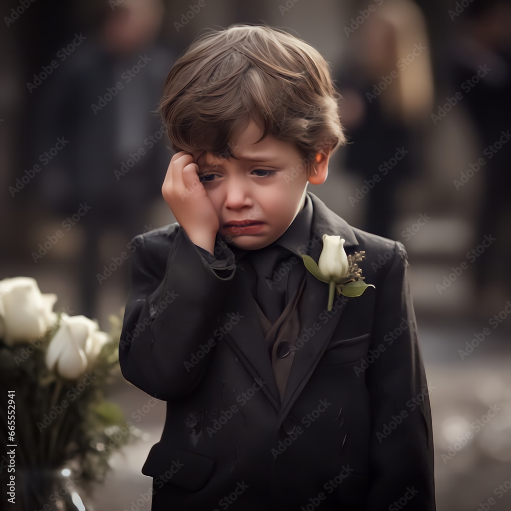 sad kid with black suit crying in the funeral emotionally from losing ...