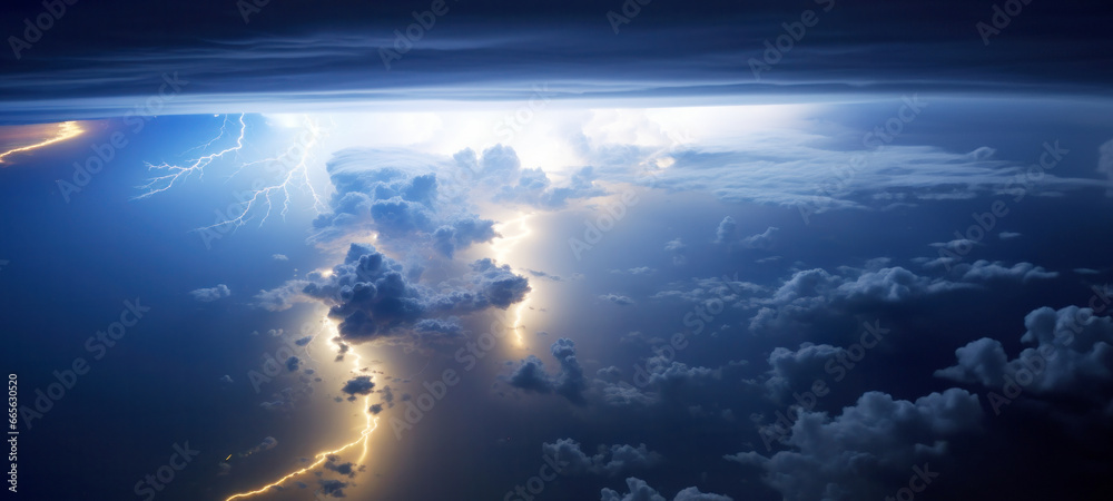 Thunderstorms dark sky seen from space High-altitude light up the night ...