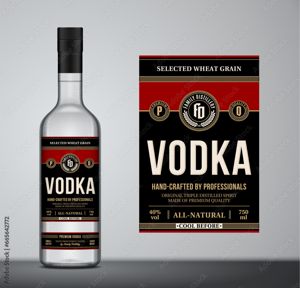 Vector black and red vodka label template. Vodka glass bottle mockup ...
