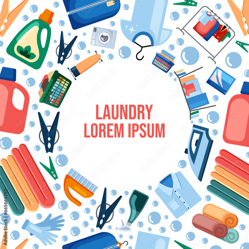 laundry items circle. clothes, detergents, cartoon flat cleaning ...