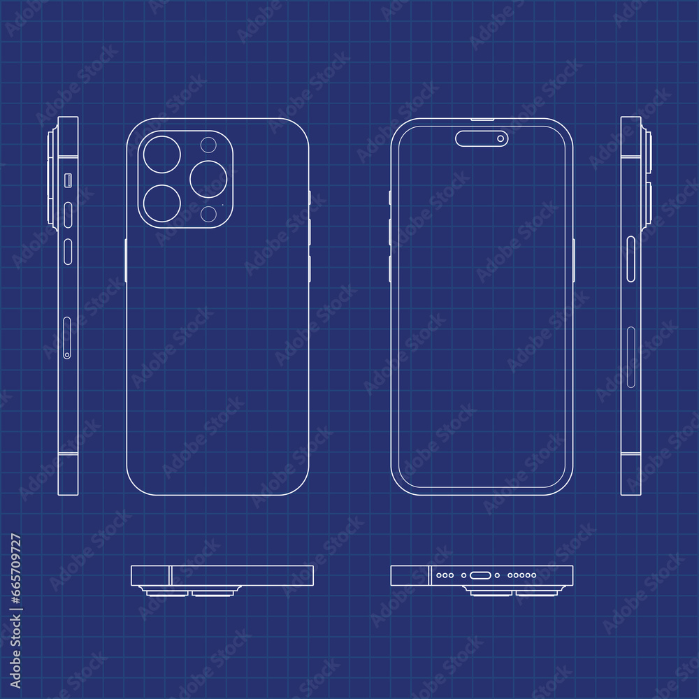 Blueprint Mobile Phone Outline Vector Template Mockup on Blue ...