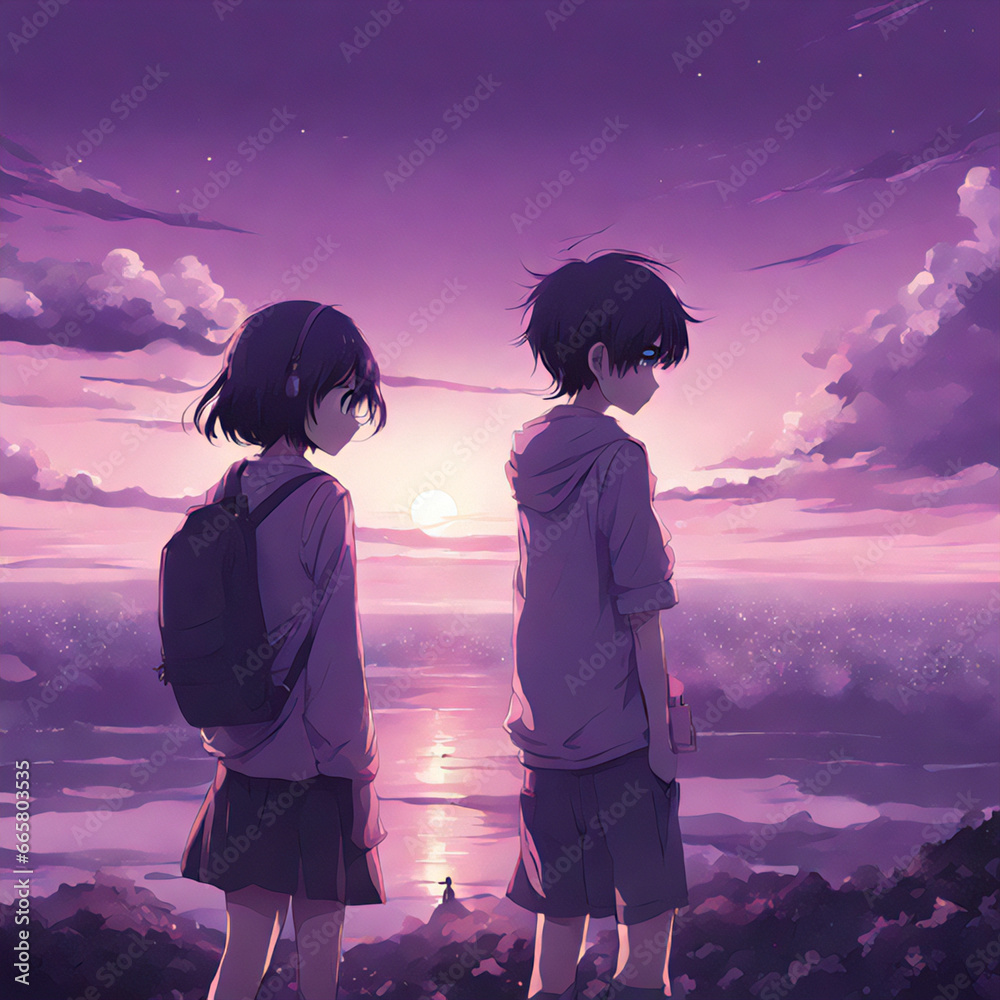 Ilustración de Stock Cute couple in love. Romantic wallpaper. Anime ...