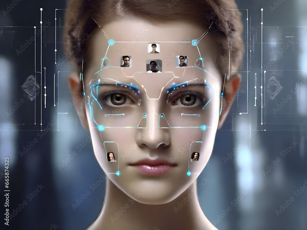 person in front of a computer applying face detection latest technology ...