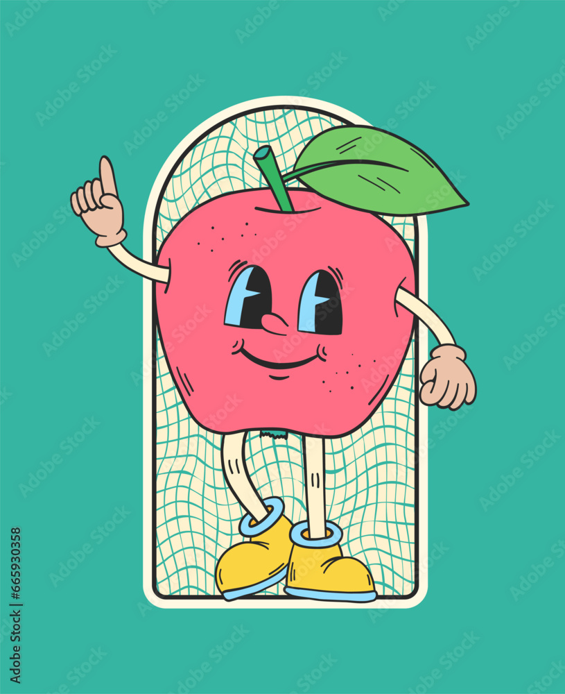 Apple character. Retro cartoon character. Apple sticker. Hippie patch ...
