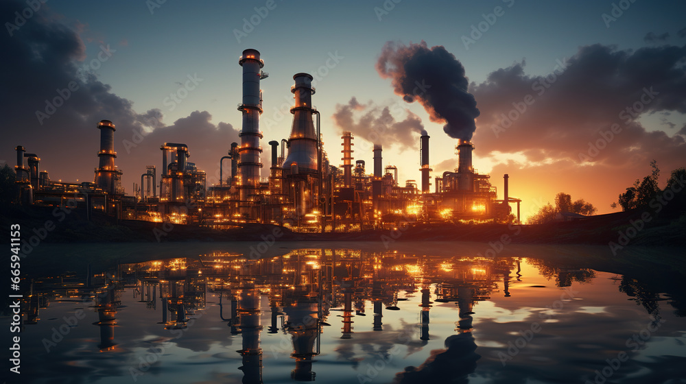 Twilight at Oil Refinery: Industrial Energy Plant in the Desert for ...
