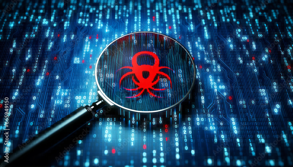A magnifying glass exposing a bug or virus. Cybersecurity concept ...