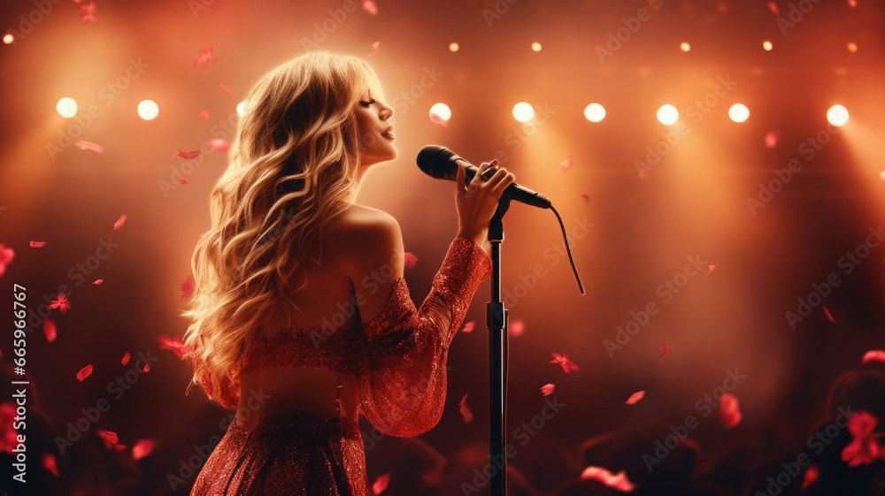 Female singer at pop concert stage singing with backlit lighting in pop ...