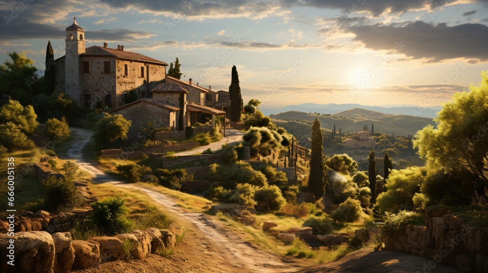romantic medieval village in sunset mood Stock Photo | Adobe Stock