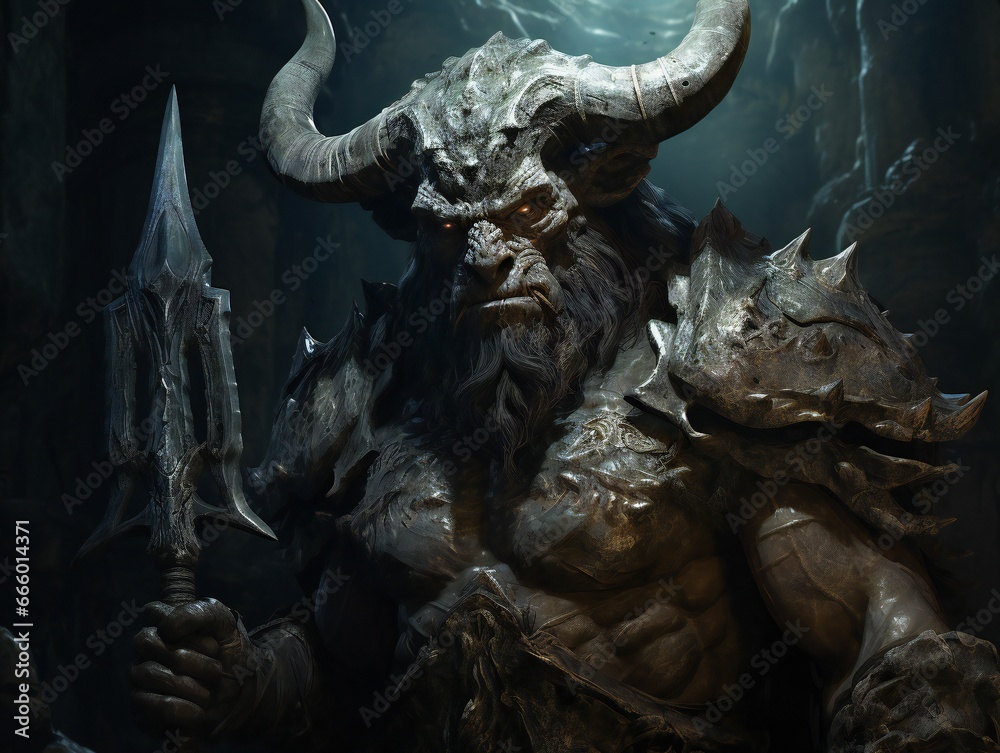 Minotaur mythological bull man with big horns, creature from legends ...