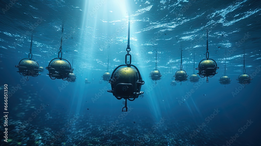 naval underwater mines bombs floating underwater in the ocean. hidden ...