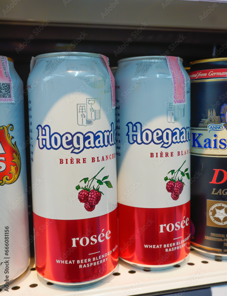 Bangkok, Thailand, October 21, 2023 Logo Hoegaarden rosée, a raspberry ...