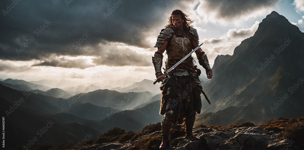 A solitary warrior, holding a menacing sword, dominates the mountain ...
