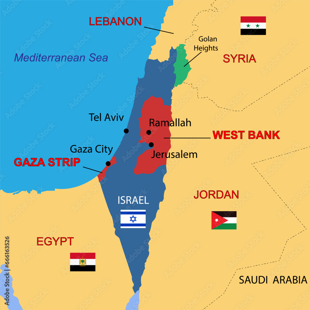 Israel country political map, including Golan Heights, West Bank and ...