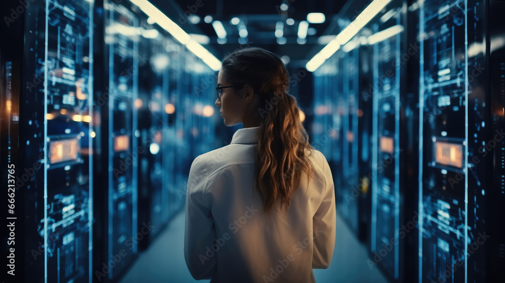 Female IT Specialist Uses Laptop Computer inspects cloud Computing ...