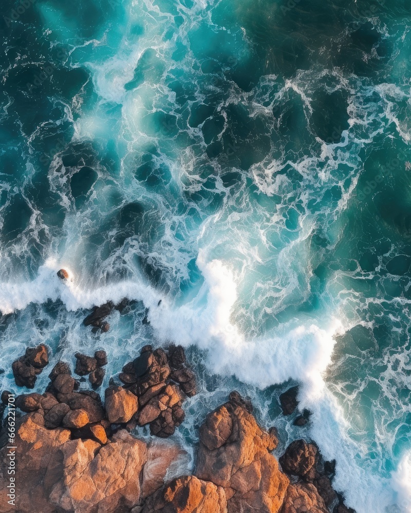 Waves crashing on rocks arial view from the top, deep turquoise water ...