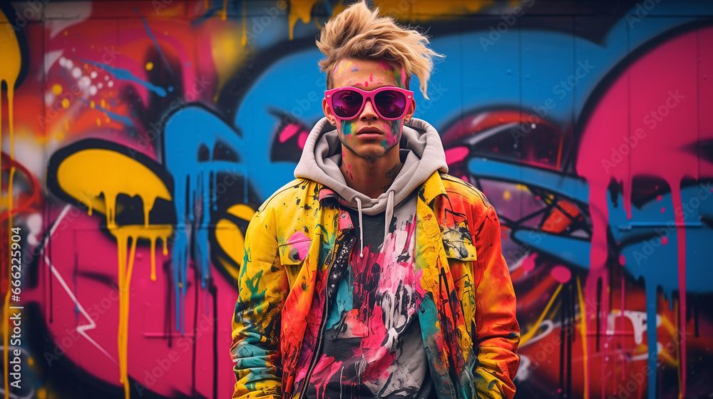 Amidst street art and graffiti, a passionate individual embraces ...