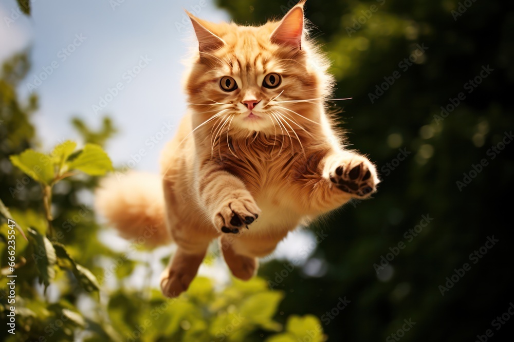 orange ginger cat jumping in the air in the green garden Stock Photo ...
