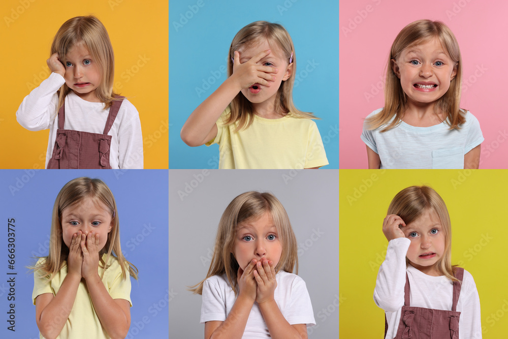 Collage with photos of embarrassed little girl on different color ...
