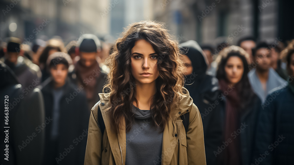 Portrait of tired young woman student standing alone in city center and ...