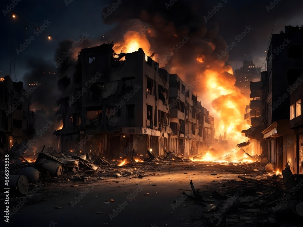 Cityscape at night destroyed by war. The bomb exploded resulting in a ...