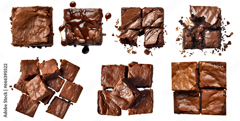 Chocolate fudge brownie cake, top view on transparent background cutout ...