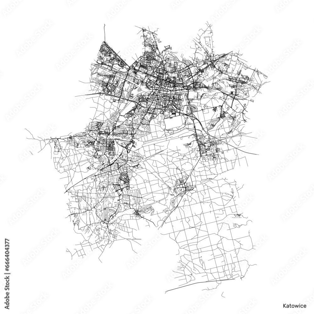 Katowice city map with roads and streets, Poland. Vector outline ...