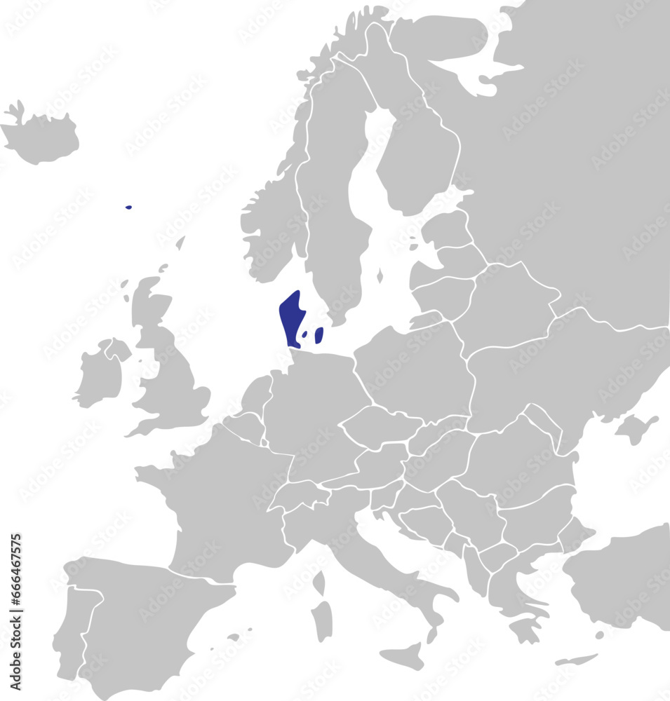 Blue CMYK national map of DENMARK inside simplified gray blank ...