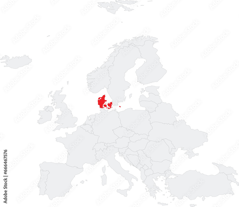 Red CMYK national map of DENMARK inside gray blank political map of ...
