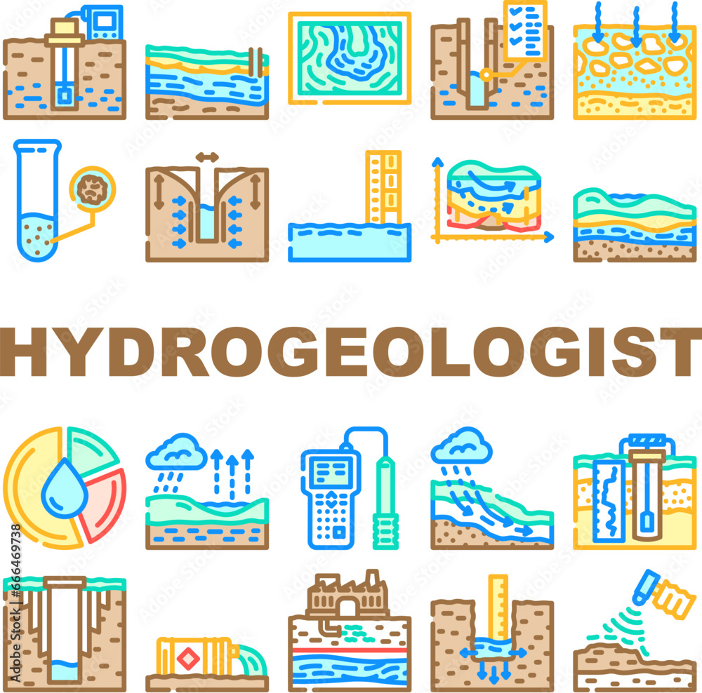 hydrogeologist industrial icons set vector. geology industry, pipe ...