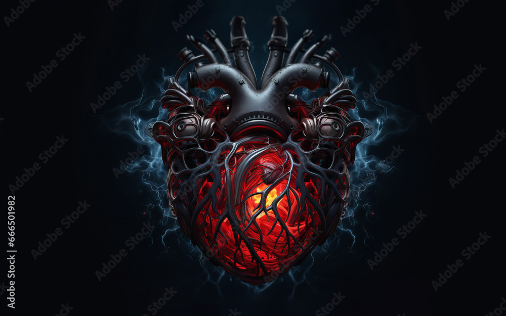 Steel heart engine pulses with fiery red glow, against gloomy smoky ...