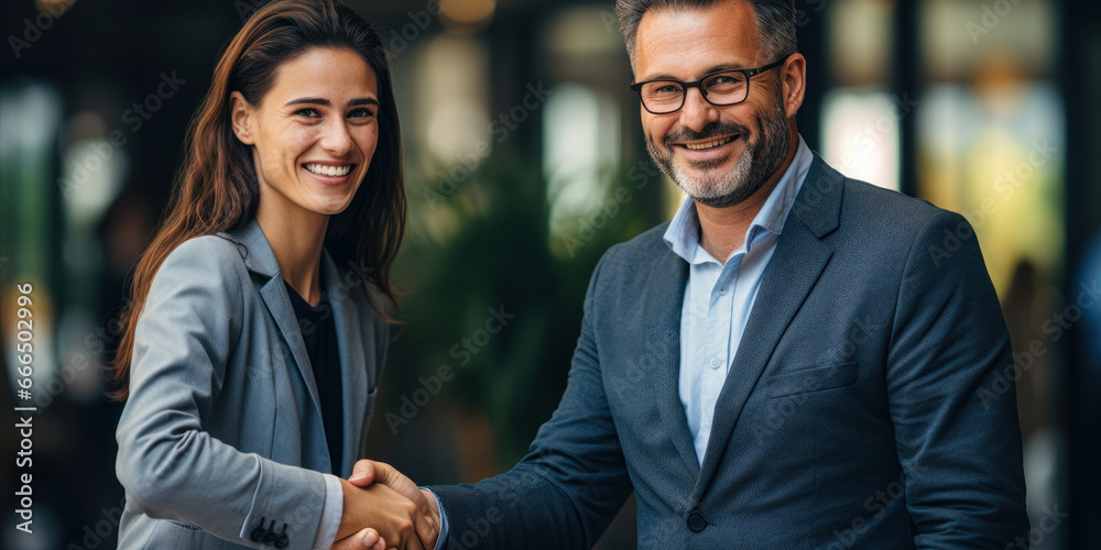 Teamwork Begins: Manager Welcomes New Employee with a Handshake Stock ...