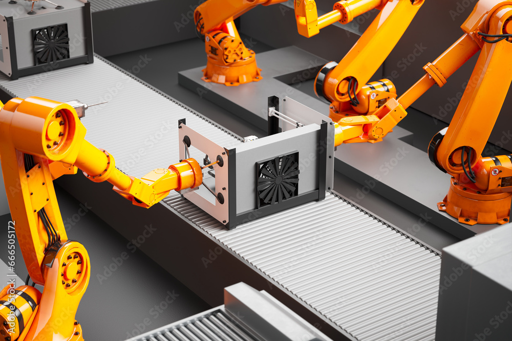 High-tech robots working together to assemble a 3D printer in a factory ...