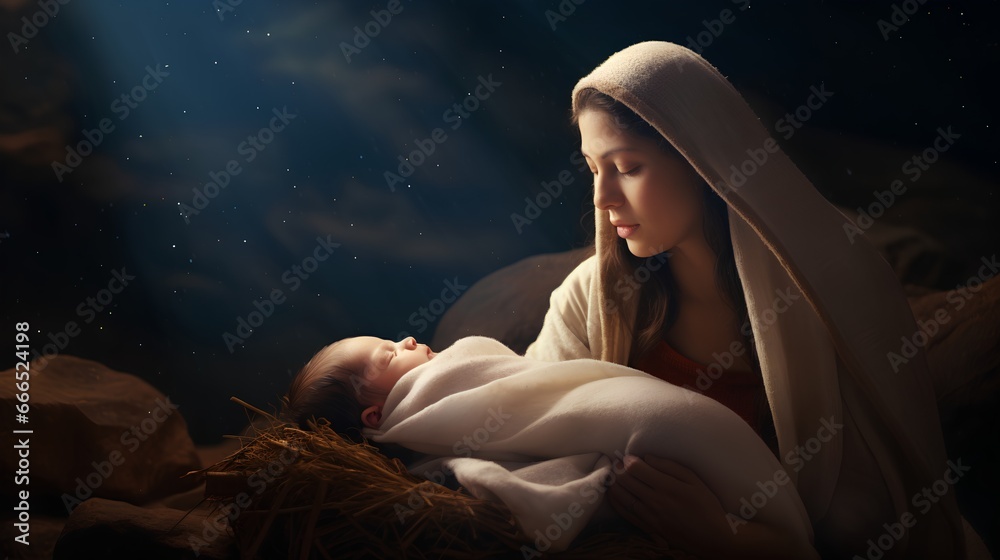 Bible scene with the Virgin Mary and newborn Jesus Christ in a humble ...
