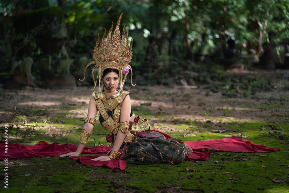 Halloween a scared horrible pretty Asian woman wearing an ancient ...