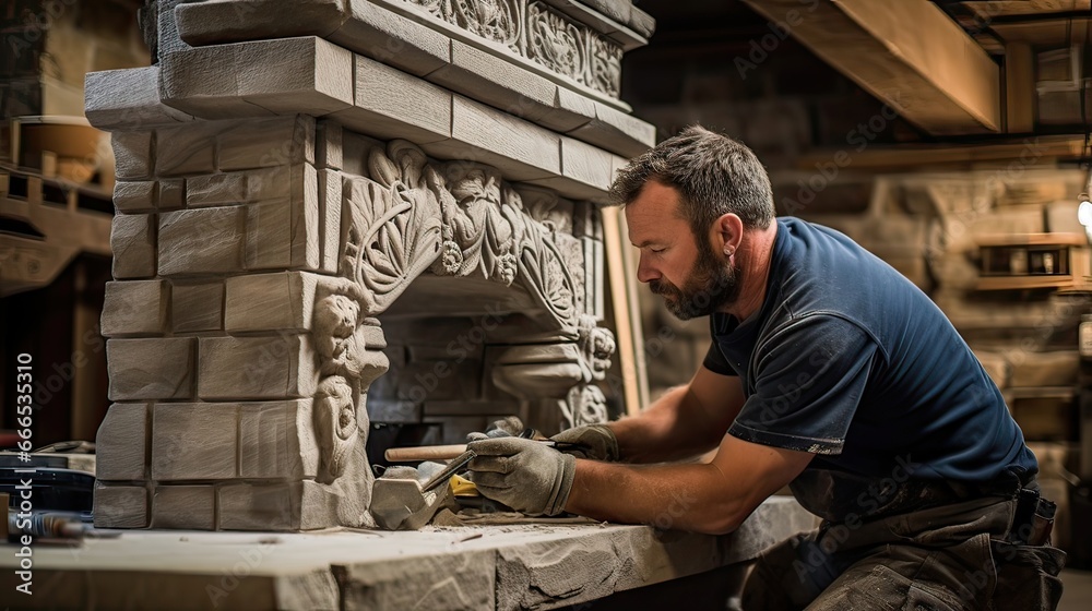 An experienced stone mason expertly building an impressive stone ...
