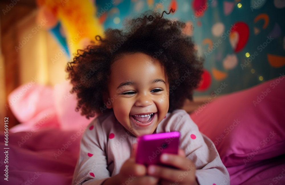 New Generation Alpha Kid Using Smartphone in Bed. Gen Alpha Digital ...