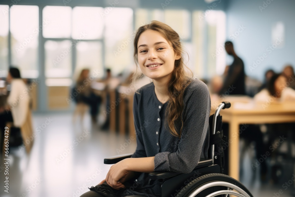 Inclusive education. Girl portrait in a wheelchair with disabilities at ...