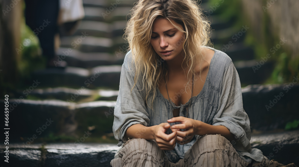 young european sad woman sitting on the stairs at home and crying ...