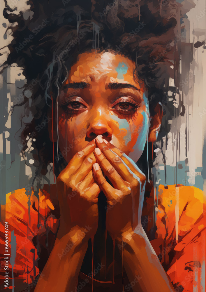 upset black young woman grieving and covering her mouth with her hands ...