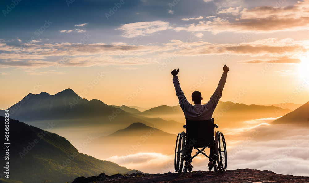 Handicapped male sitting in wheelchair on mountain peak. International ...