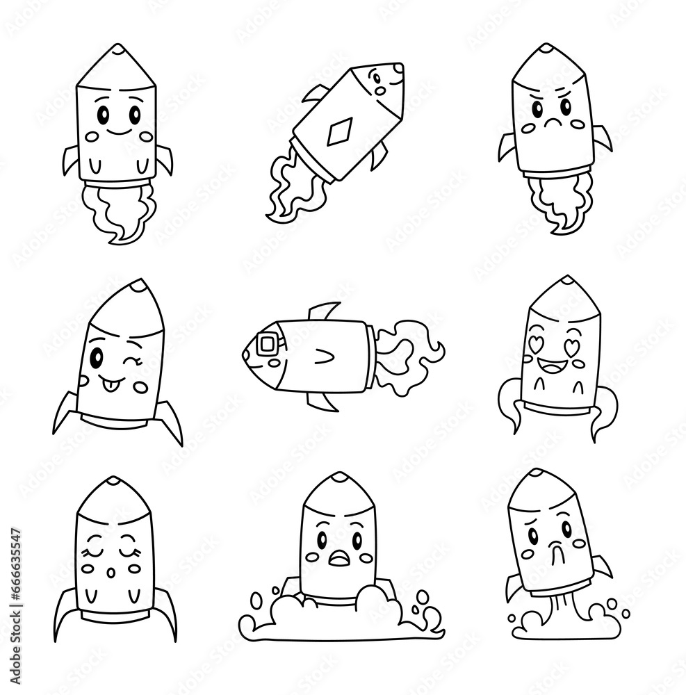 Cute rocket character. Coloring Page. Kawaii space satellite launch ...
