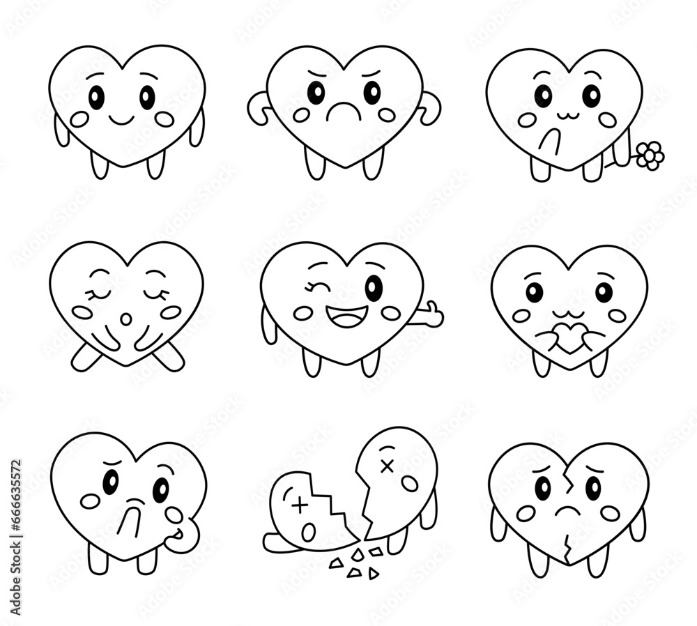 Cute heart character. Coloring Page. Kawaii valentine different ...