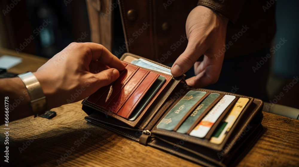 A man delicately flips through the sections of his wallet, showcasing ...
