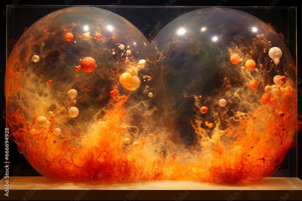 Dynamic display with bursting air, earth, and fire bubbles. Generative ...