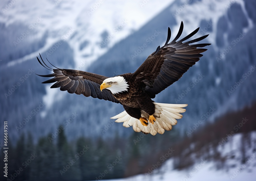 bald eagle flying snowy mountain range profile transparent wings upper ...