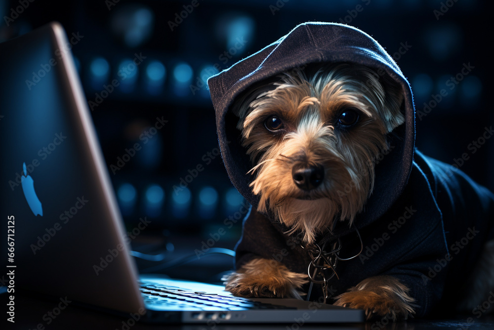 Hacker dog wearing a hoodie, sitting in front of a computer keyboard ...
