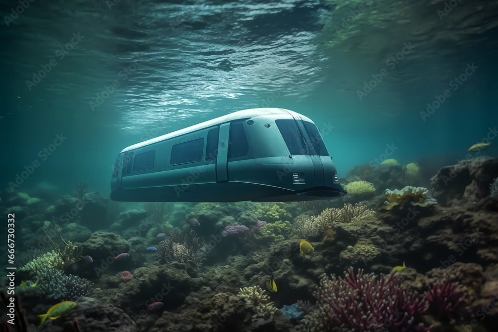 Amphibious bus as submarine. Passenger wagon in cruise undersea ...