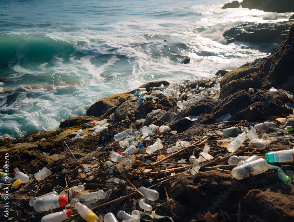A shoreline littered with plastic waste with waves bringing in more ...