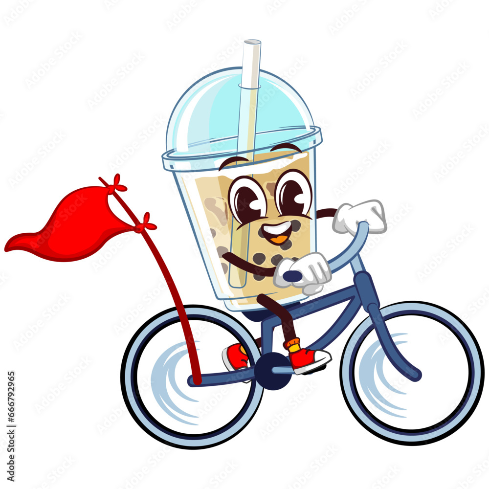character mascot of a glass of iced boba with a funny face cycling ...